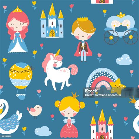 프린스 유니콘 백조 성 무지개공주 원활한 패턴 손으로 그린 만화 스타일로 요정 왕국에있는 소녀의 벡터 일러스트 파스텔 팔레트는 아기 옷에 이상적입니다 귀여운에 대한 스톡