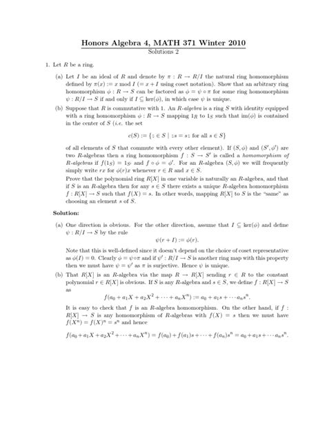 Solutions To Honors Algebra Problems On Ring Theory And Ideals Pdf