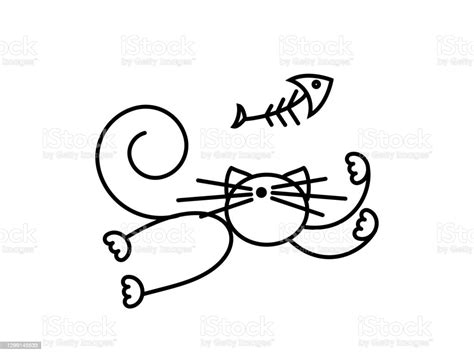 물고기와 함께 재생 재미있는 새끼 고양이 고양이 인쇄 미니멀 한 예술 고양이 새끼에 대한 스톡 벡터 아트 및 기타 이미지