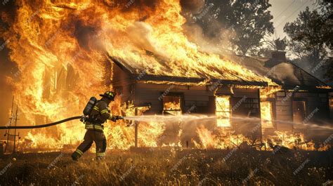 A Firefighter Battling Flames With A Fire Hose During A Structure Fire Premium Ai Generated Image
