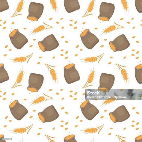 밀의 황금 귀와 흰색 배경에 자루가있는 완벽한 패턴 밀가루와 곡물을 만들고 빵을 굽고 다른 식품을 만들기 위해 곡물을 인쇄하십시오 벡터 플랫 일러스트 레이 션 가방에 대한
