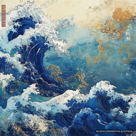 Ai创作图古风海浪包装插画 新中式海浪浪潮 海浪浮世绘 工笔手绘海浪 神奈川冲浪里 浮世绘海浪 浪花纹理工笔重彩风格 工笔画海浪 古风海浪浪花