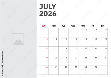 July 2026 Calendar Week Start On Sunday Desk Calendar 2026 Design Simple And Clean Design