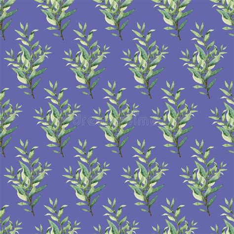 Watercolor Greenery Seamless Pattern Floral Texture On Blue Stock