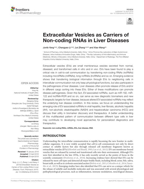 Pdf Extracellular Vesicles As Carriers Of Non Coding Rnas In Liver