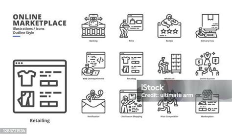 디지털 미디어 및 인쇄 미디어를 위한 온라인 마켓플레이스 아이콘 세트입니다 라이브 스트리밍에 대한 스톡 벡터 아트 및 기타 이미지 라이브 스트리밍 소매 소비자주의