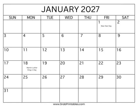 Free Printable January 2027 Calendar Print A Calendar 2027
