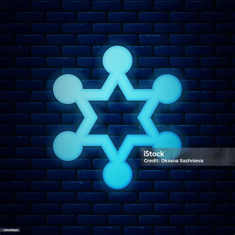 벽돌 벽 배경에 고립 된 빛나는 네온 헥사그램 보안관 아이콘 경찰 배지 아이콘 벡터 경찰 배지에 대한 스톡 벡터 아트 및 기타 이미지 경찰 배지 경찰관 고풍스런