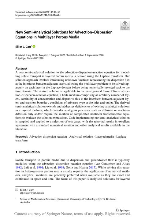 New Semi Analytical Solutions For Advectiondispersion Equations In Multilayer Porous Media