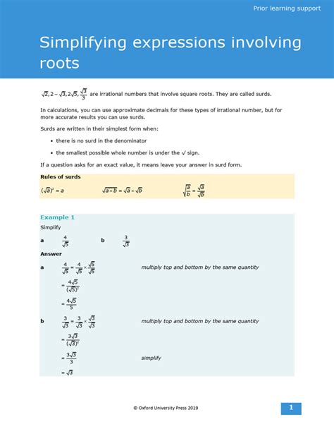 Simplifying Expressions Involving Roots Prior Knowlege Pdf