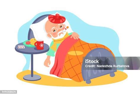 노인 아픈 남자는 입에 온도계를 물고 침대에 누워 있습니다 질병 치료 열과 체온이 있는 아픈 할아버지 할아버지는 담요 밑에서 자고 있다 노인 환자 벡터 개념 가정의 방에