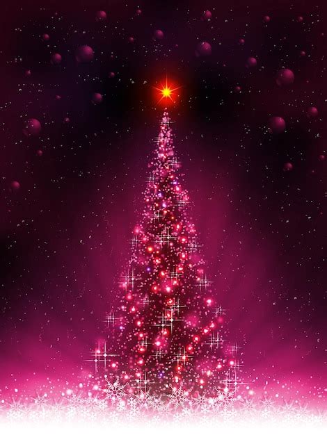 빛나는 크리스마스 트리와 하얀 눈송이가 있는 핑크 카드 프리미엄 벡터