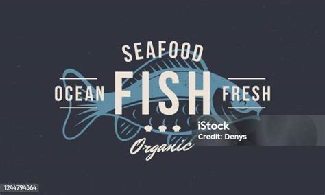 물고기 빈티지 기호입니다 해산물 생선 스탬프 인쇄 라벨 현대적인 디자인 포스터입니다 레스토랑 고기 가게 정육점 해산물 복고풍 포스터 물고기 아이콘 실루엣입니다 벡터 일러스트