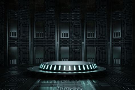 전기 와이어 램프와 엔진 배경 우주선의 하이테크 제품 포디움 플랫폼 스튜디오 하이테크 복고풍 단계와 미래 과학 기술 테마 3d 일러스트 렌더링 그래픽 초현대적에 대한 스톡