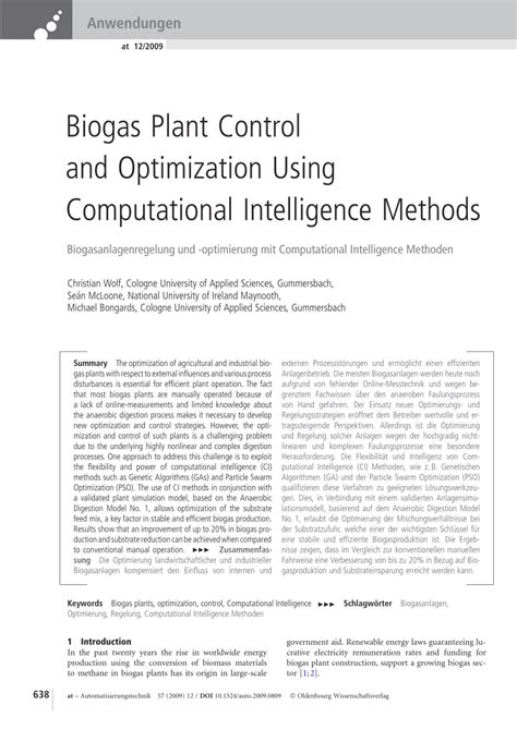 Pdf Biogas Plant Control And Optimization Using Computational Intelligence Methods