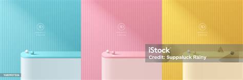 현실적인 노란색 파란색 및 분홍색 둥근 모서리 스탠드 연단이 있는 3d 벡터 장면 배경 세트 추상적인 미니멀 스튜디오 룸 모형 제품 디스플레이 파스텔 기하학적 플랫폼
