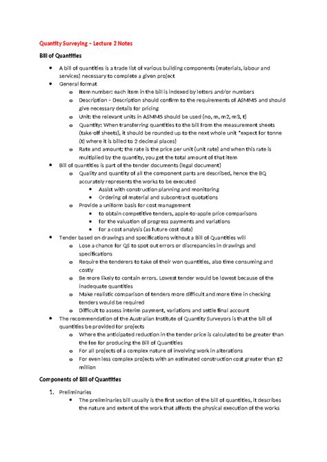 Quantity Surveying Lecture Notes Quantity Surveying Lecture Notes Bill Of Quantities A