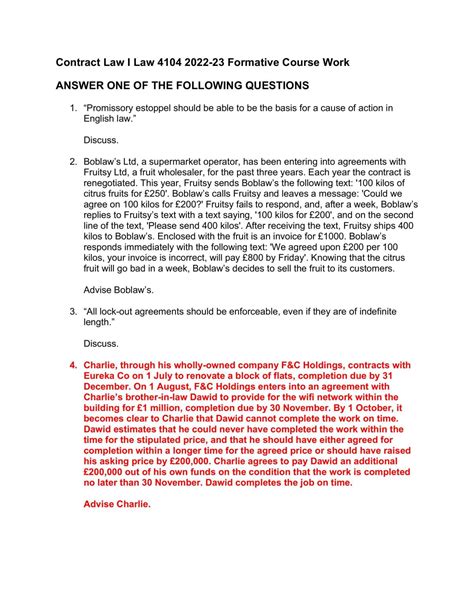 Contract Law 1 Formation And Vitiation Problem Question With Feedback