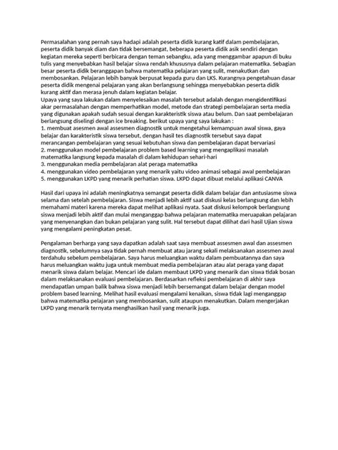 Permasalahan Yang Pernah Saya Hadapi Adalah Peserta Didik Kurang Katif