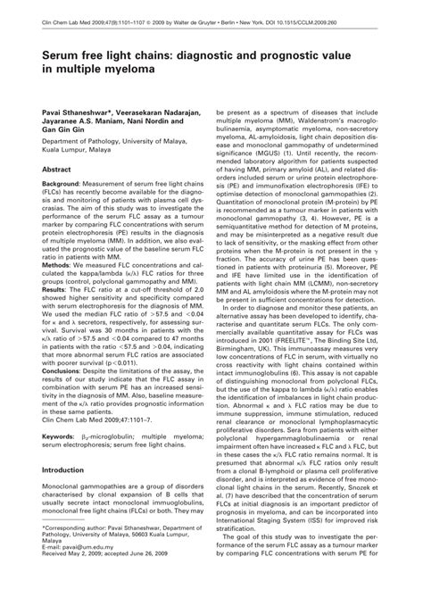 Pdf Serum Free Light Chains Diagnostic And Prognostic Value In Multiple Myeloma