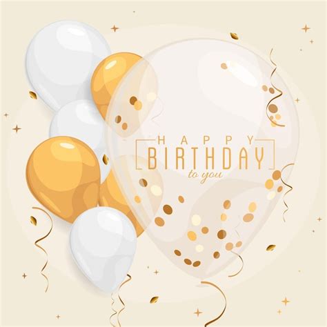 생일 축하 디자인 색종이 조각과 금색 풍선이 있는 큰 유리 풍선 프리미엄 벡터