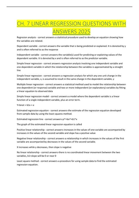 CH. 7 LINEAR REGRESSION QUESTIONS WITH ANSWERS 2025 - Regression - Stuvia US