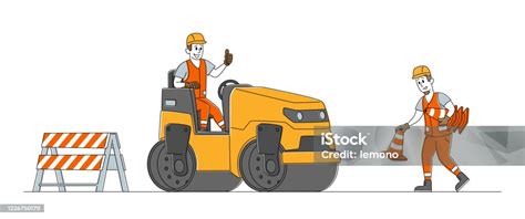 도로 공사 및 아스팔트 포장 무거운 아스팔팅 기계와 전체의 노동자 문자 특수 운송 포장 압축기 건설 건설 산업 선형 사람 벡터 일러스트레이션 벡터에 대한 스톡 벡터 아트 및