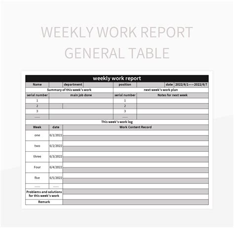 Weekly Work Report General Table Excel Template And Google Sheets File For Free Download