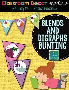 Classroom Decor: Blends/Digraphs Bunting- Rustic Rainbow Shabby Chic Burlap