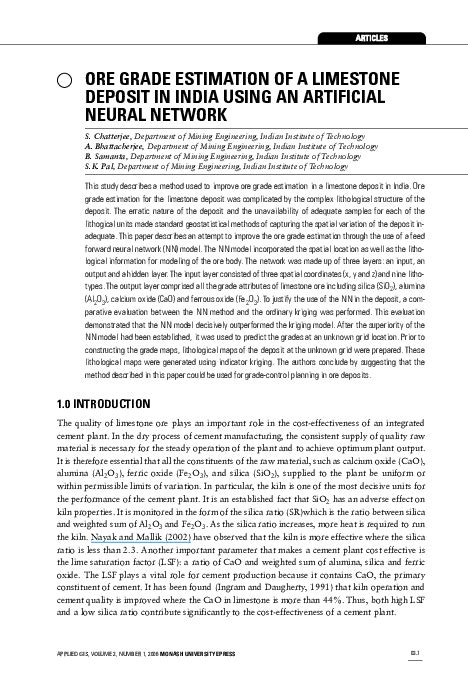 Pdf Ore Grade Estimation Of A Limestone Deposit In India Using An Artificial Neural Network