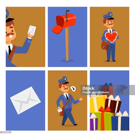 우편 배달 남자 문자 벡터 카드 택배 직업 캐리어 패키지 메일 발송 봉투 전문 사람들 제공 가방에 대한 스톡 벡터 아트 및 기타 이미지 가방 나름 나무 기둥 Istock