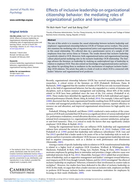 Pdf Effects Of Inclusive Leadership On Organizational Citizenship Behavior The Mediating