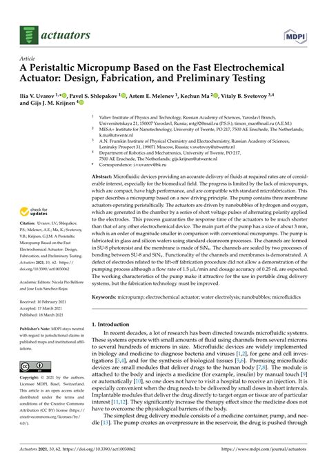 Pdf A Peristaltic Micropump Based On The Fast Electrochemical Actuator Design Fabrication