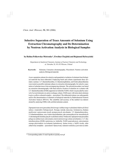 Pdf Selective Separation Of Trace Amounts Of Selenium Using Extraction Chromatography And Its
