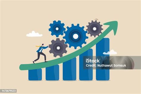 프로세스 개선 생산성 향상을 위한 효율성 관리 전략 성능 향상 품질 또는 진행 개념 상승하는 개선 그래프 다이어그램에서 톱니바퀴를 밀어올리는 사업가 경영자에 대한 스톡 벡터