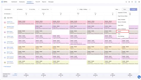 export schedules