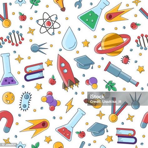 분자 원자 구조 로켓 책 물 및 기타 하나의 간단한 교육 및 학교 원활한 패턴에 과학 요소와 과학 플랫 원활한 패턴 Dna에 대한 스톡 벡터 아트 및 기타 이미지 Istock