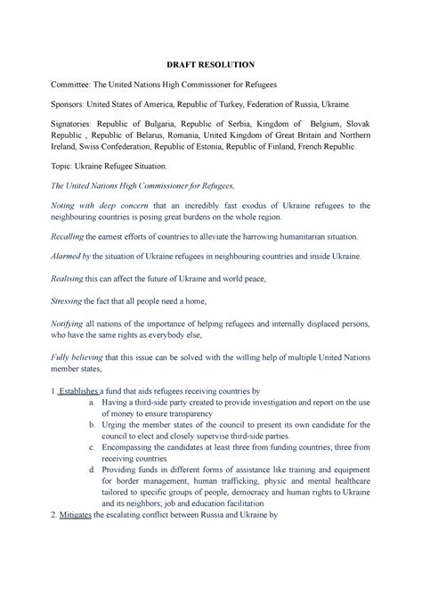 In Draft Resolution DRAFT RESOLUTION Committee The United Nations High Commissioner For