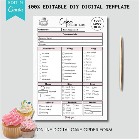 Cake Order Form Template Editable Custom Order Form Diy Cake Order