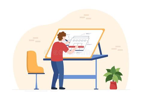 Drafting Engineer Or Architect Working On Drawing Board Projecting And Draft In Flat Cartoon