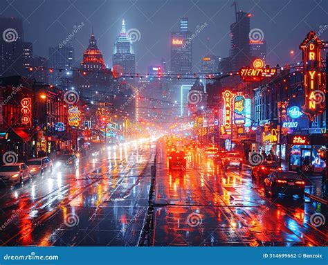 Pulsing Neon Lights Of Downtown Nightlife And Entertainment District