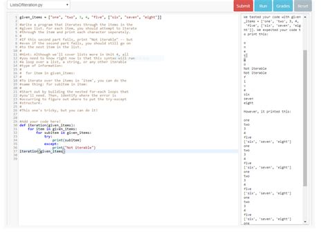Solved ListsOfiteration Py SubmitRun Grades Reset We Tested Chegg
