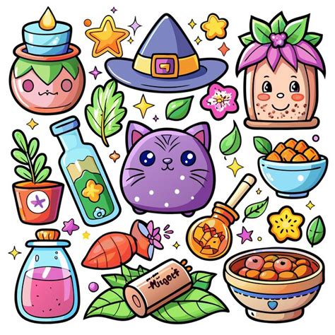 Cartoon Illustration Of Various Magical Objects And Ingredients