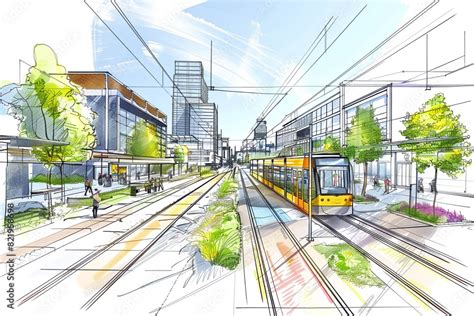 Urban Planning Sketch Highlighting Sustainable Elements Like Green