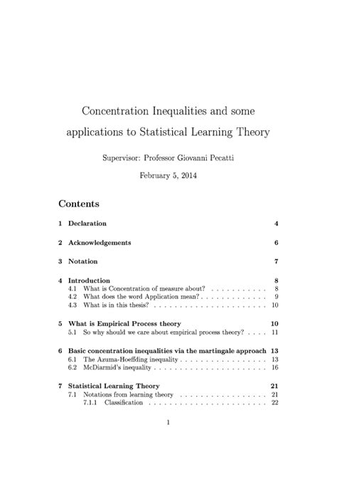 Pdf Concentration Inequalities And Some Applications To Statistical Learning Theory Contents
