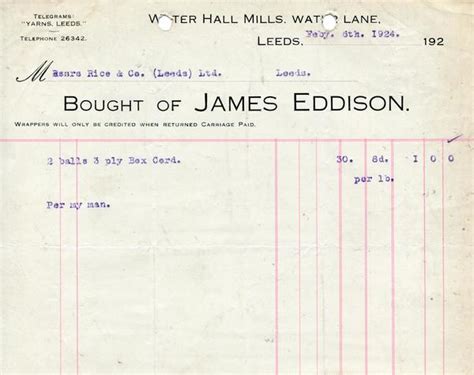 Billhead Receipt Of James Eddison Of Water Hall Mill Leeds Archive