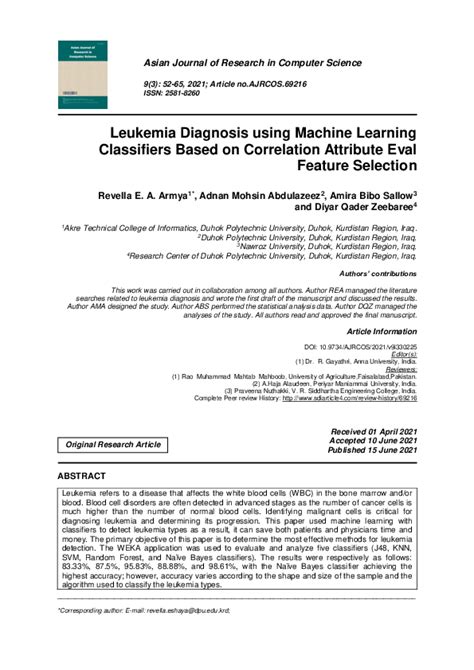 pdf leukemia diagnosis using machine learning classifiers based on correlation attribute eval