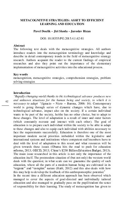 Pdf Metacognitive Strategies Asset To Efficient Learning And Education