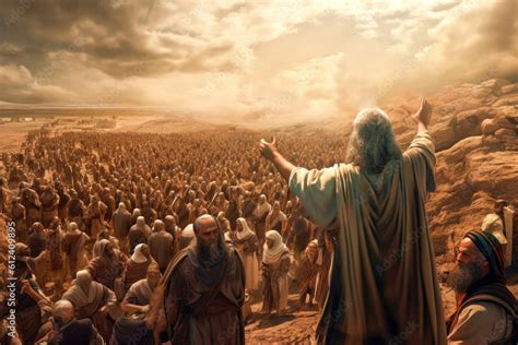 Illustration Of Moses With The People Of Israel In The Desert Near