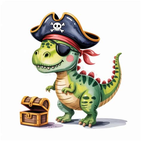 Pirate Dinosaur Dressed In Hat And Eyepatch Standing By Treasure Chest